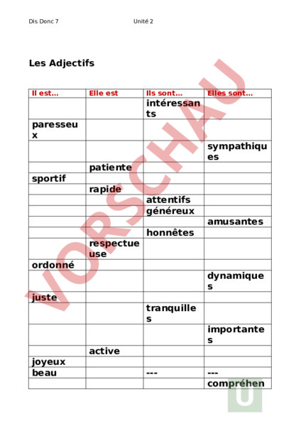 Arbeitsblatt: Dis Donc 7 Unité 2 / Adjectifs - Französisch - Grammatik