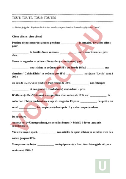 Arbeitsblatt: Arbeitsblatt ''tout/ toute/ tous/ toutes'' - Französisch ...
