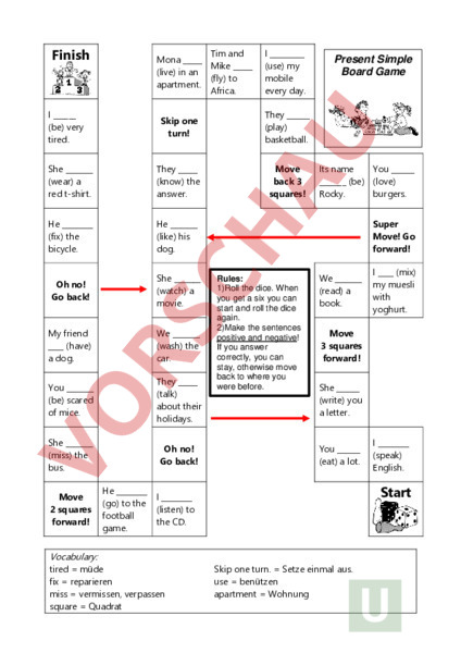 Arbeitsblatt: Present Simple Board Game - Englisch - Grammatik