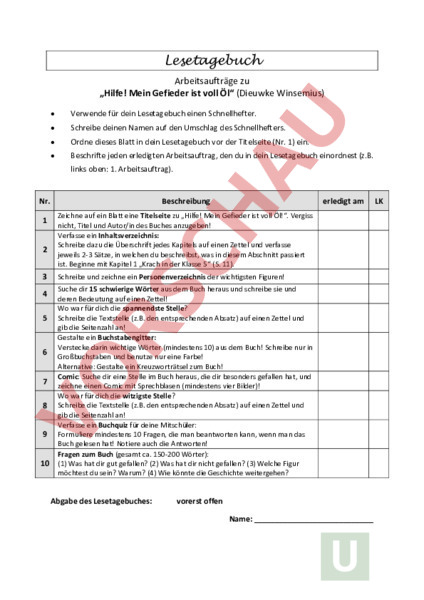 Arbeitsblatt: Lesetagebuch - Deutsch - Leseförderung / Literatur