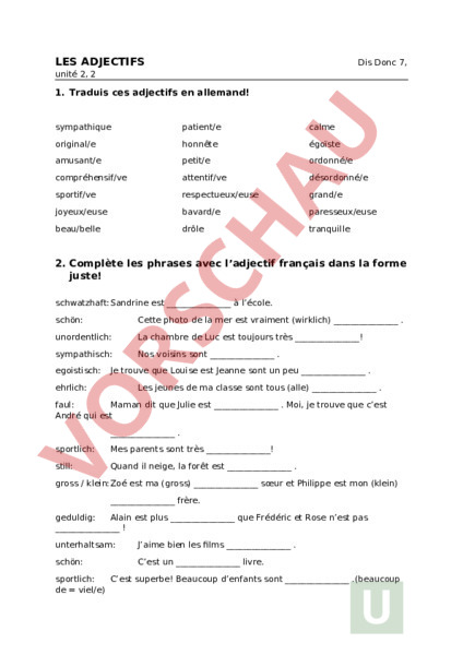 Arbeitsblatt: Dis Donc 7E adjectifs - Französisch - Grammatik