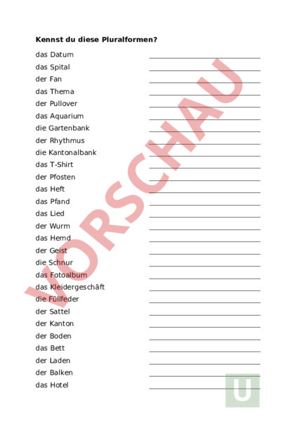 Arbeitsblatt: Pluralformen - Deutsch - Grammatik