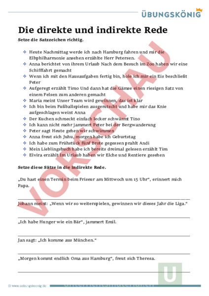 Arbeitsblatt: Die direkte und indirekte Rede - Deutsch - Grammatik