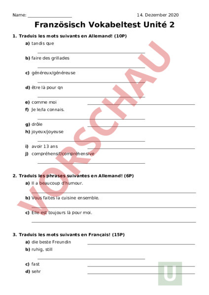 Arbeitsblatt: Voci Test dis donc u2 - Französisch - Wortschatz