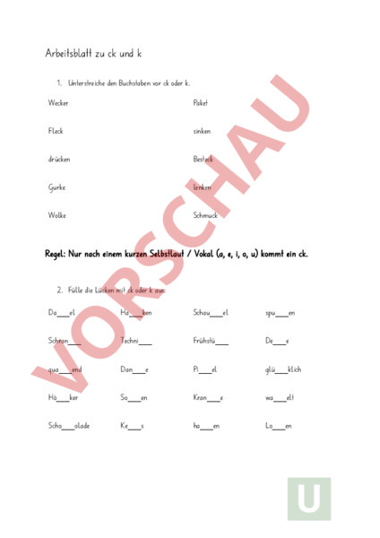 Arbeitsblatt: Arbeitsblatt zu ck oder k - Deutsch - Rechtschreibung