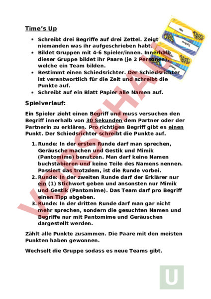 Arbeitsblatt: Time's Up Spiel - Diverses / Fächerübergreifend - Spiele