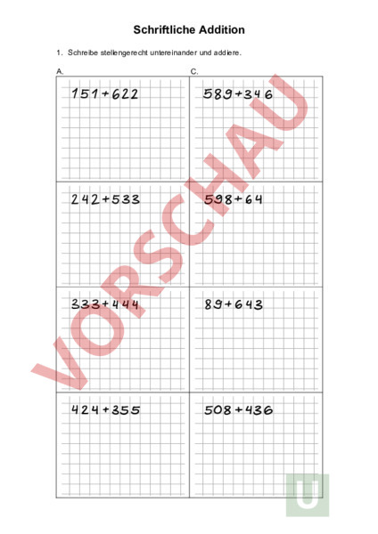 Arbeitsblatt: schriftliche Addition - Mathematik - Addition
