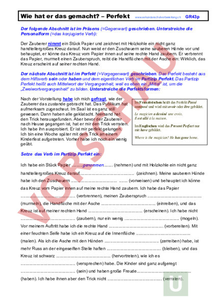 Arbeitsblatt: Perfekt - Deutsch - Grammatik