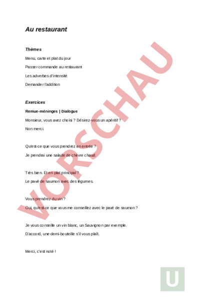 Arbeitsblatt: Au restaurant - Französisch - Lehrmittel