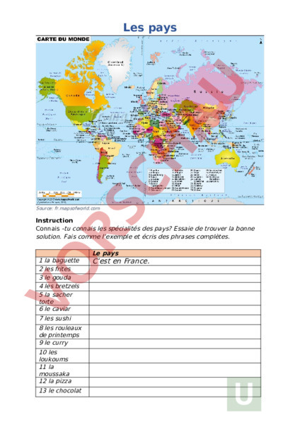 Arbeitsblatt: Les pays et les prépositions - Französisch - Wortschatz
