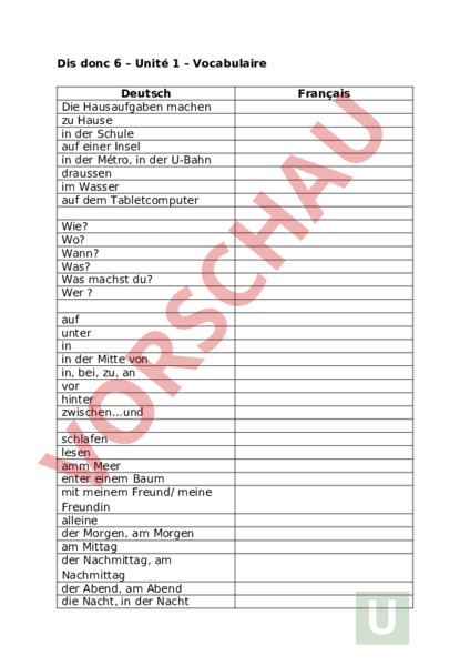 Arbeitsblatt: Dis donc 6 - Unité 1 - Französisch - Wortschatz