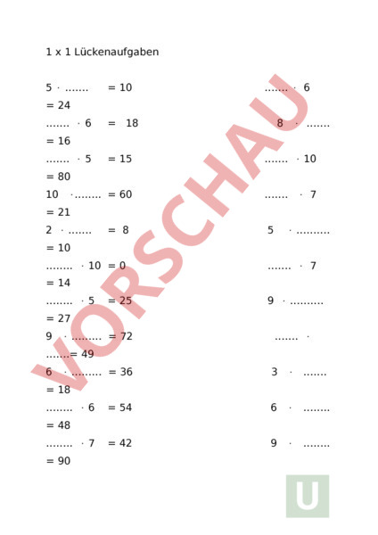Arbeitsblatt: 1x1 - Mathematik - Multiplikation