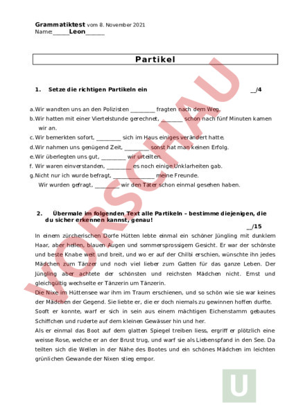 Arbeitsblatt: Test Partikeln Sek B - Deutsch - Grammatik
