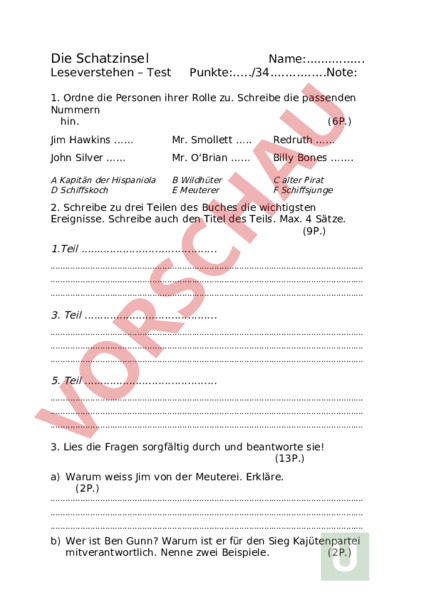 Arbeitsblatt: Prüfung Die Schatzinsel / Piraten - Deutsch ...