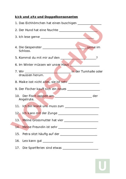 Arbeitsblatt: Doppelkonsonanten, -tz, -ck - Deutsch - Rechtschreibung