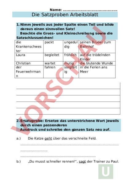 Arbeitsblatt: Arbeitsblatt Satzproben - Deutsch - Grammatik