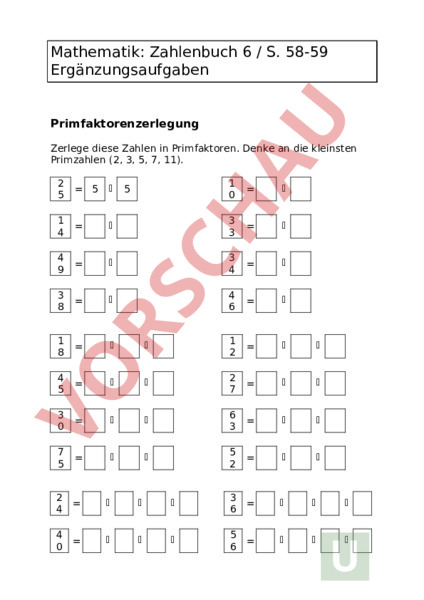 Arbeitsblatt: Primfaktorenzerlegung - Mathematik - Gemischte Themen