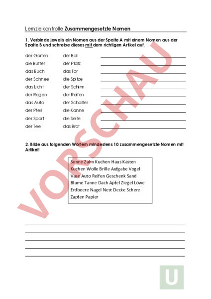 Arbeitsblatt: Kurzkontrolle zusammengesetzte Nomen - Deutsch - Grammatik