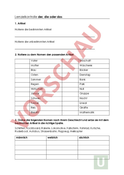Arbeitsblatt: Kurzkontrolle der, die, das - Deutsch - Grammatik
