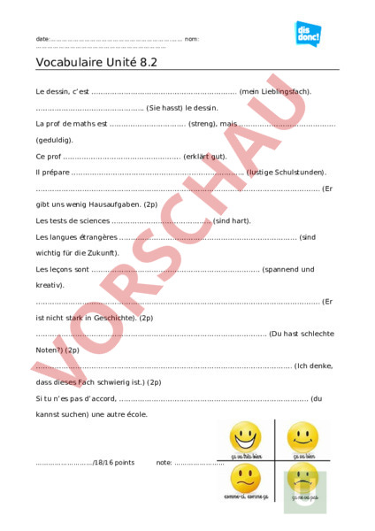 Arbeitsblatt: vocabulaire dis donc 8 unité 2 - Französisch - Wortschatz