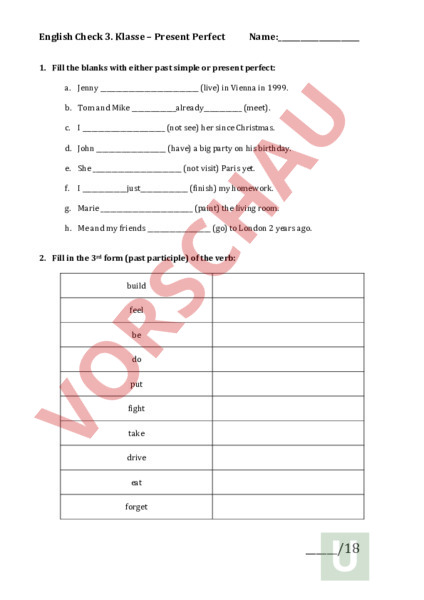 Arbeitsblatt: Present Perfect Check - Englisch - Grammatik