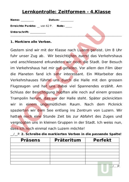 Arbeitsblatt: Zeitformen Lernkontrolle - Deutsch - Grammatik