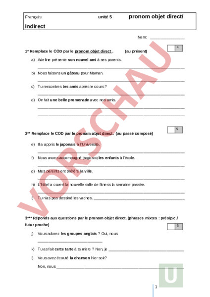 Arbeitsblatt: le pronom objet direct et indirect - Französisch - Grammatik