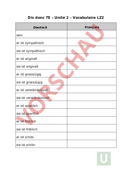 Arbeitsblatt: Dis donc 7 E - Unité2 - Französisch - Wortschatz