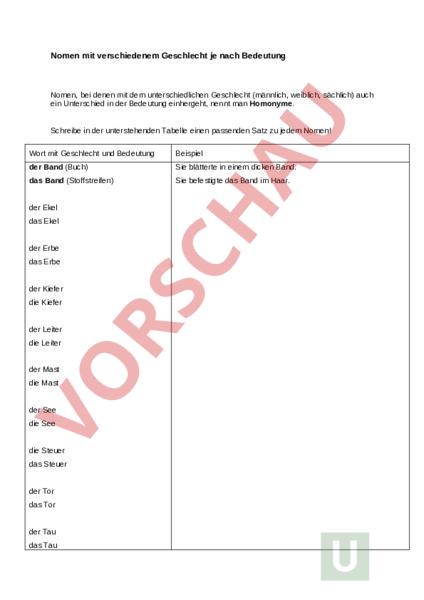 Arbeitsblatt: Nomen mit unterschiedlichem Genus - Deutsch - Grammatik