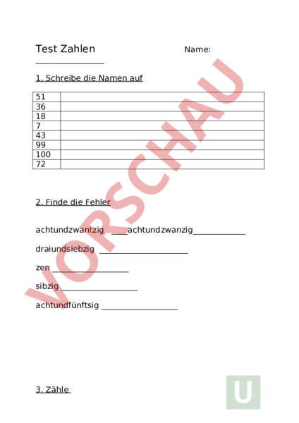 Arbeitsblatt: Test Thema Zahlen - Deutsch - Gemischte Themen