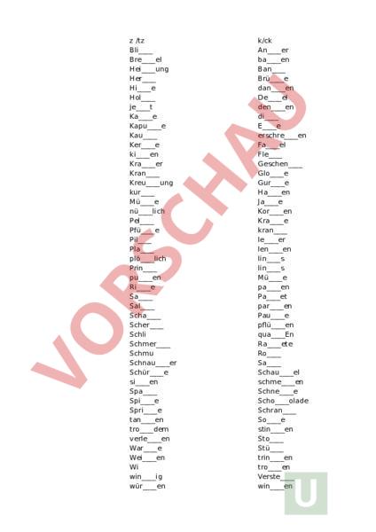 Arbeitsblatt: z / tz , k/ck - Deutsch - Rechtschreibung