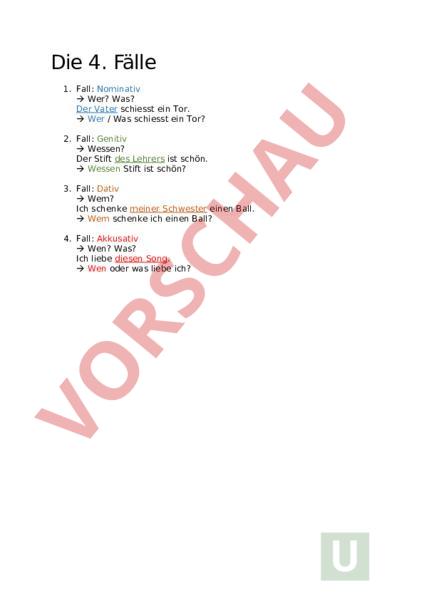 Arbeitsblatt: Die 4 Fälle - Erklärung mit Beispielen - Deutsch - Grammatik