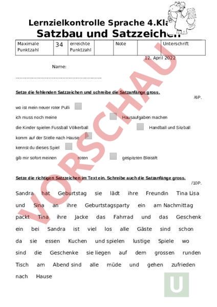 Arbeitsblatt: Satzbau und Satzzeichen - Deutsch - Grammatik