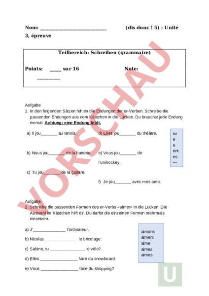 Arbeitsblatt: Verbes er Test dd5 u3 - Französisch - Grammatik