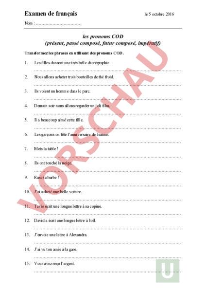 Arbeitsblatt: Exercice les pronoms COD (présent, passé composé, futur ...