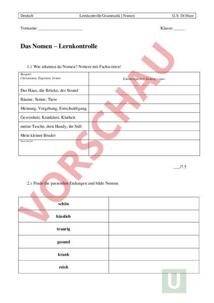 Arbeitsblatt: Lernkontrolle Nomen - Deutsch - Grammatik