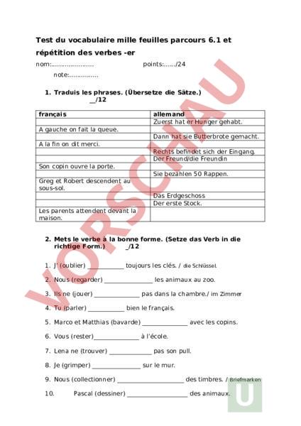 Arbeitsblatt: Test du vocabulaire mille feuilles parcours 6.1 et ...