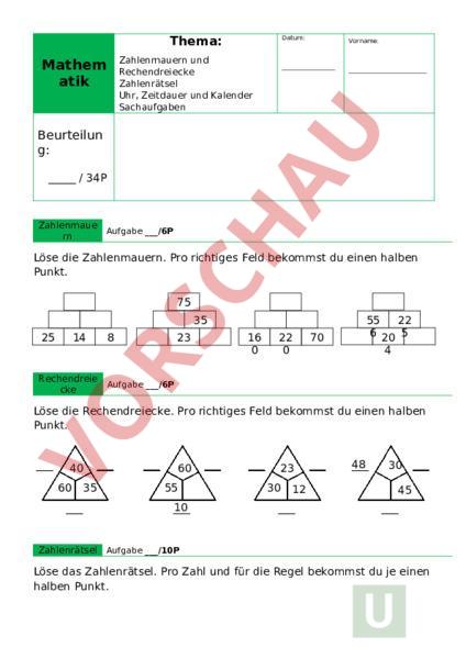 Arbeitsblatt: Gemischter Test 3. Klasse - Mathematik - Gemischte Themen