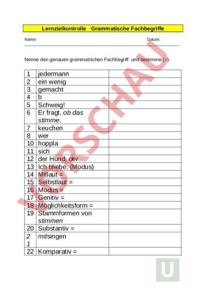 Arbeitsblatt: Test Grammatische Fachbegriffe - Deutsch - Grammatik