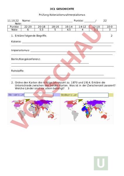Arbeitsblatt: Geschichte Imperialismus Kolonialismus Prüfung ...