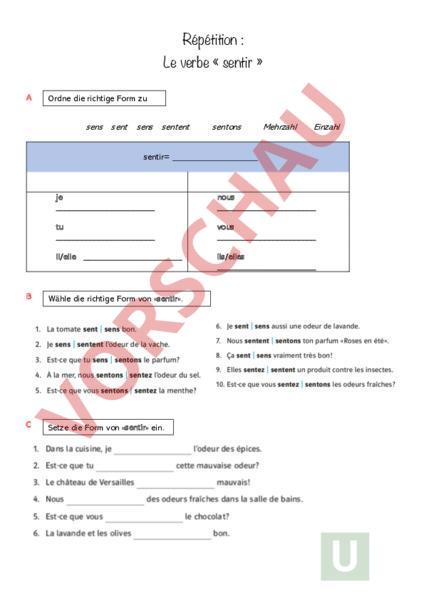 Arbeitsblatt: Französisch Verb Sentir - Französisch - Grammatik