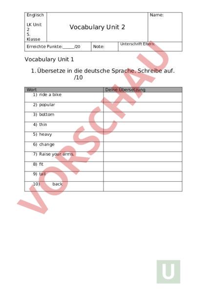 Arbeitsblatt: Vocabulary Unit 2 - Englisch - Grammatik