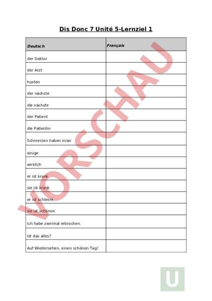 Arbeitsblatt: Dis Donc 7E - Unité 5 - Lernziel 1 - Französisch - Wortschatz