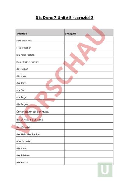 Arbeitsblatt: Dis Donc 7E - Unité 5 - Lernziel 2 - Französisch - Wortschatz