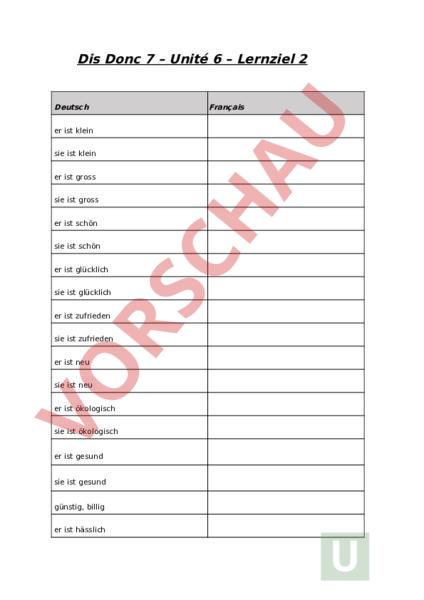 Arbeitsblatt: Dis Donc 7E - Unité 6 - Lernziel 2 - Französisch - Wortschatz