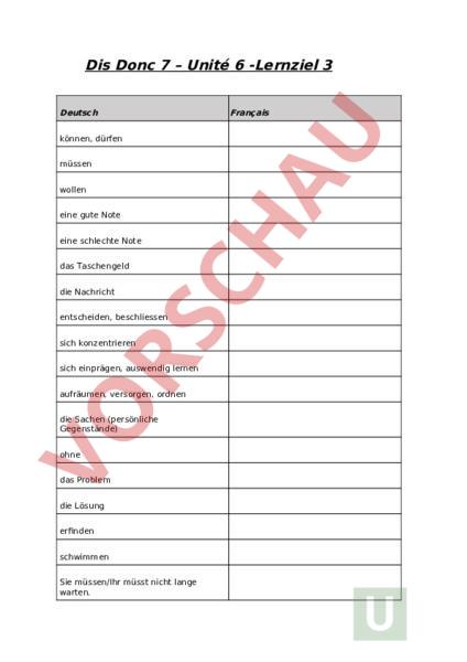 Arbeitsblatt: Dis Donc 7E - Unité 6 - Lernziel 3 - Französisch - Wortschatz