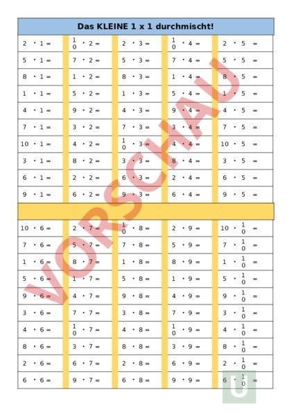 Arbeitsblatt: KLEINES 1X1 durchmischt - Mathematik - Multiplikation