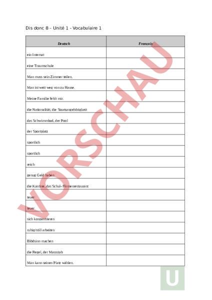 Arbeitsblatt: Dis donc! 8 E Unité 1 - Französisch - Wortschatz