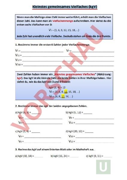 Arbeitsblatt: Kleinstes gemeinsames Vielfaches (kgV) - Mathematik - Algebra