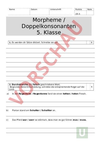 Arbeitsblatt: Test Morpheme/Doppelkonsonanten - Deutsch - Grammatik